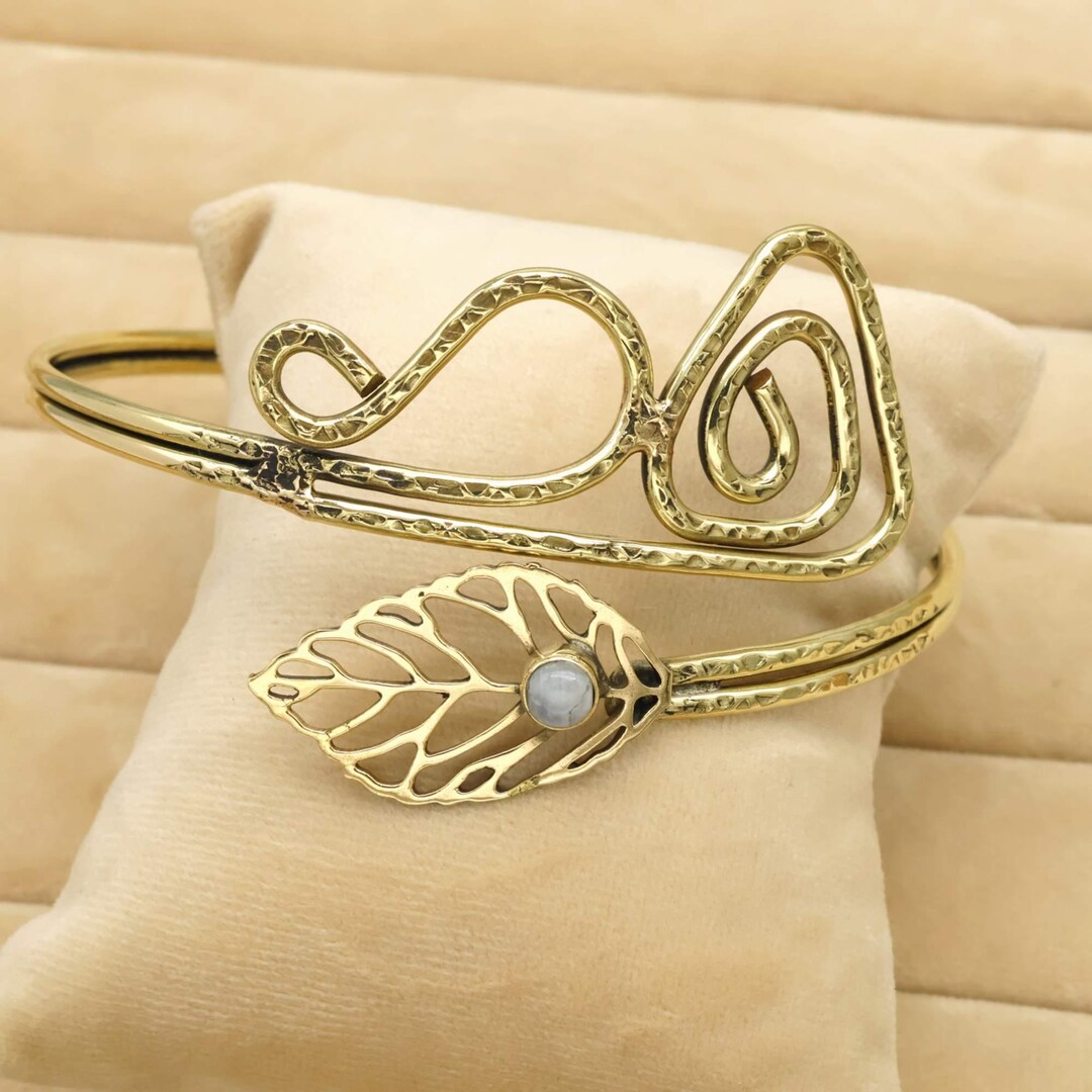 Moonstone Leaf Arm Cuff, Adjustable Brass Arm Cuff, Boho Upper Arm Band ...