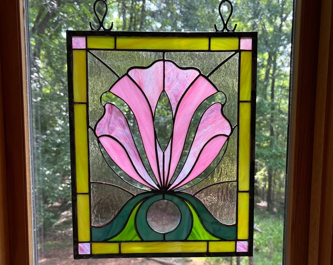 Hand Crafted Art Deco Stained Glass Panel In Pinks And Greens 10 X 14 Plus Chain For Display A