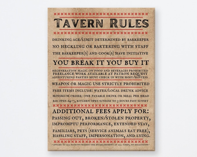 Tavern Rules Canvas, Nerdy Home Decor - Etsy