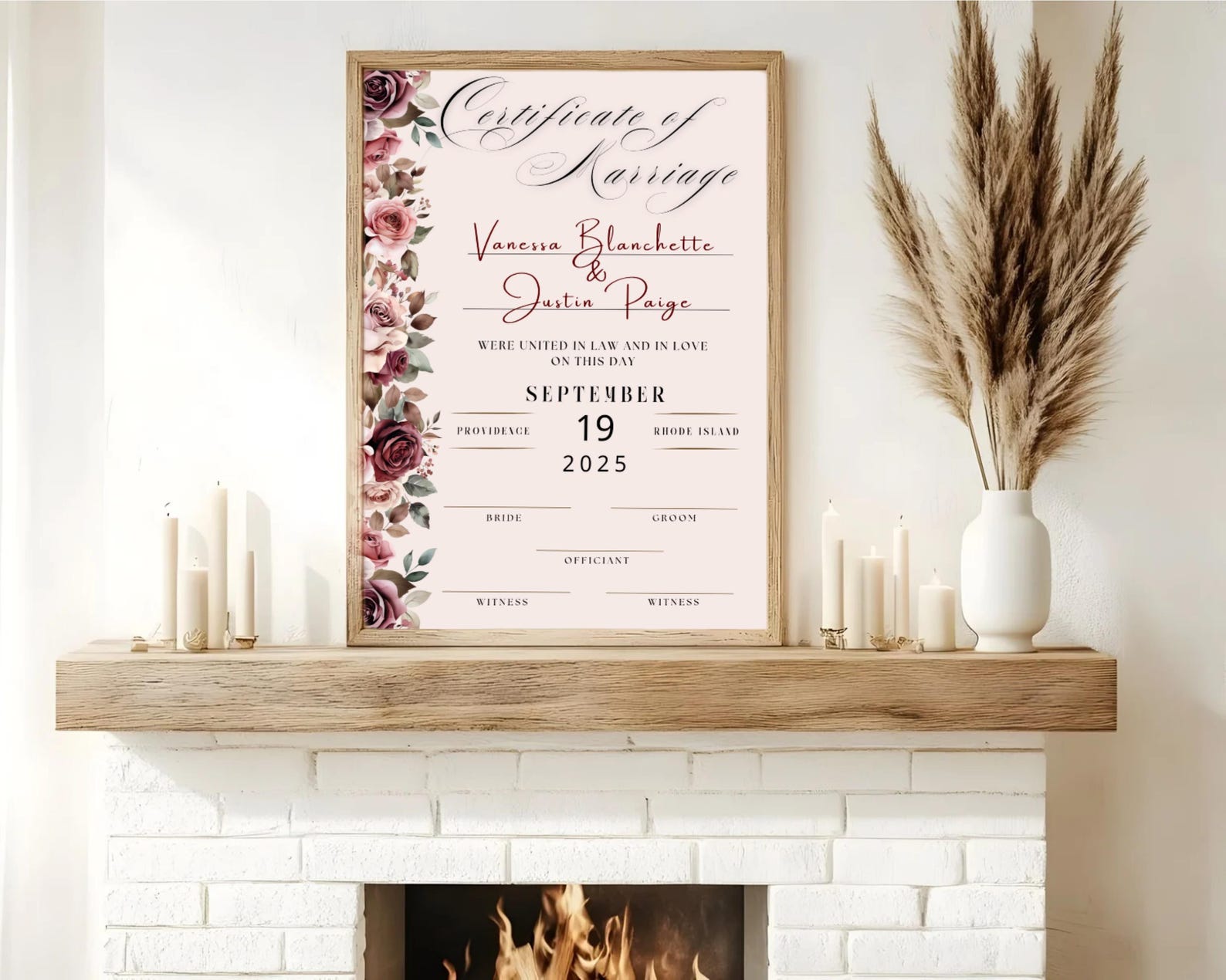 Personalized Marriage Certificate, Elegant Pink & Burgundy Floral ...
