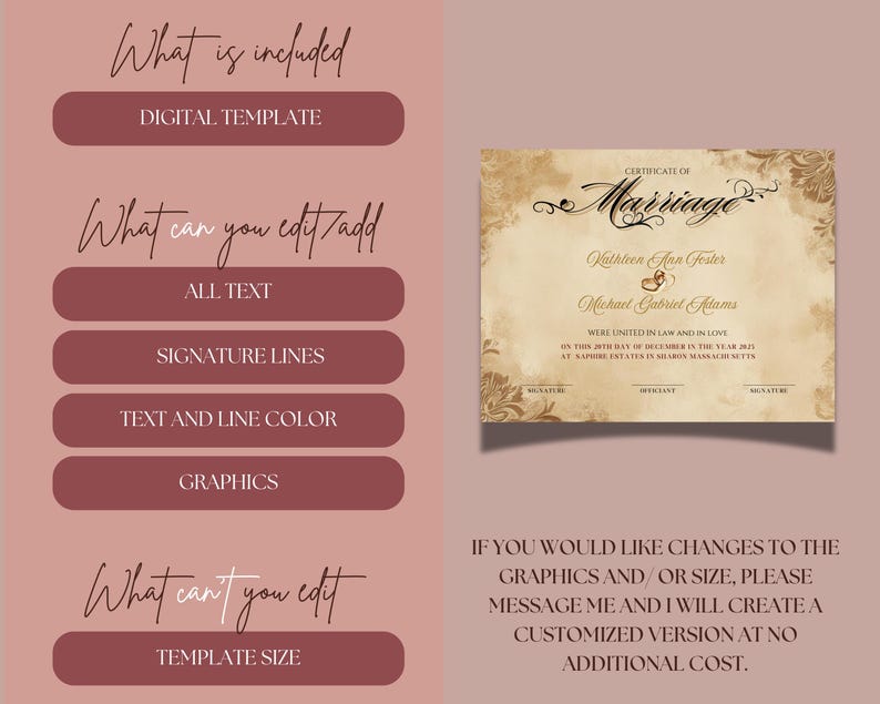 Elegant Marriage Certificate Template, Personalized Wedding Gift ...
