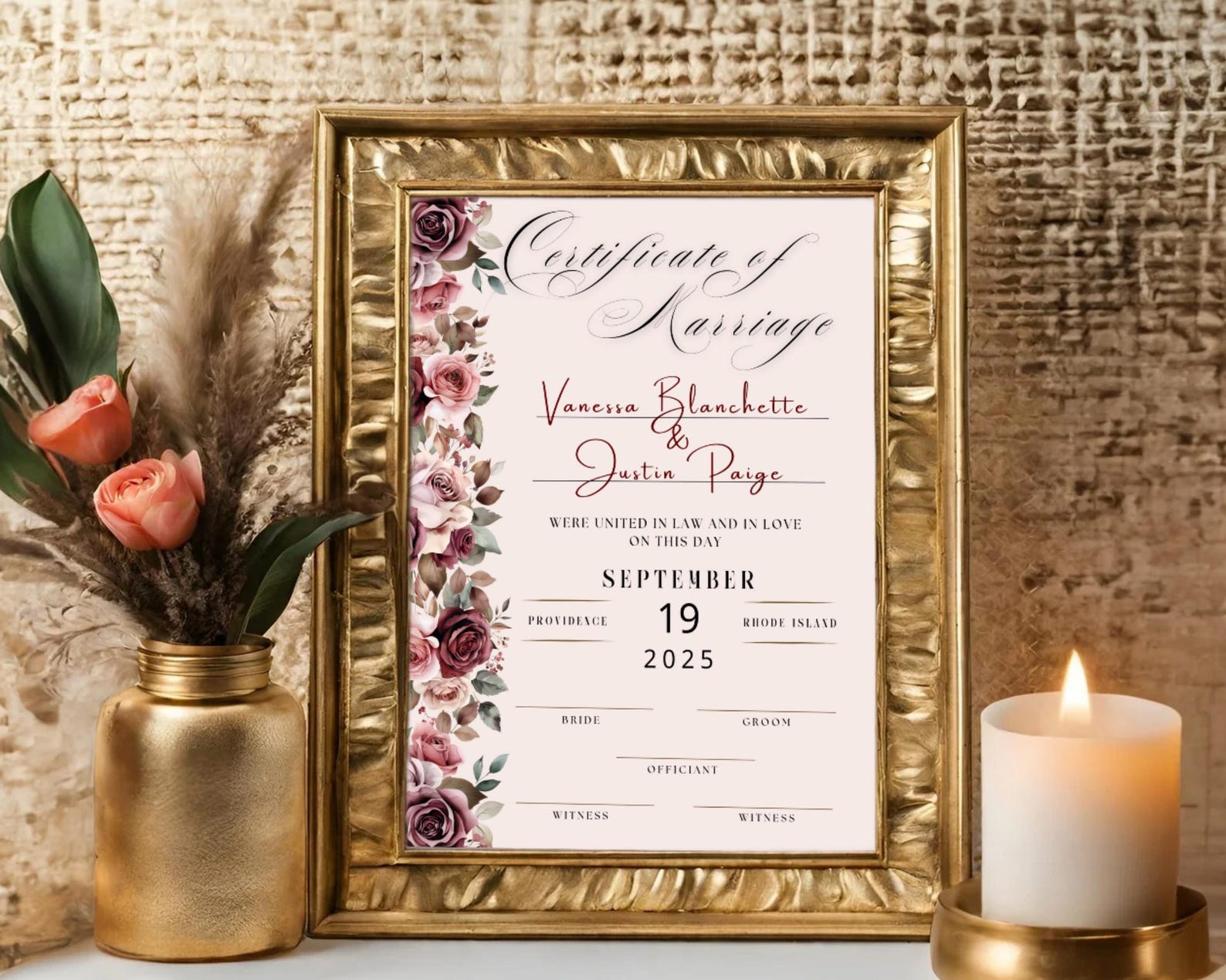 Personalized Marriage Certificate, Elegant Pink & Burgundy Floral ...