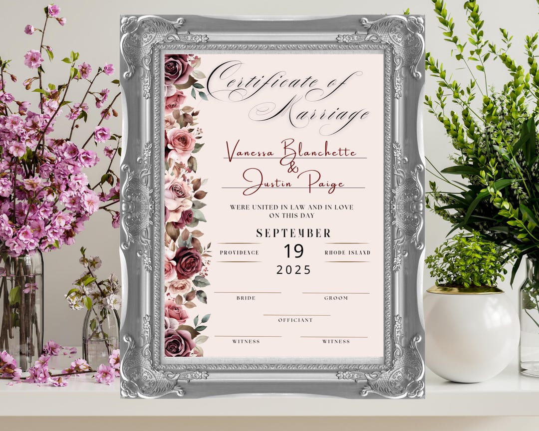 Personalized Marriage Certificate, Elegant Pink & Burgundy Floral ...
