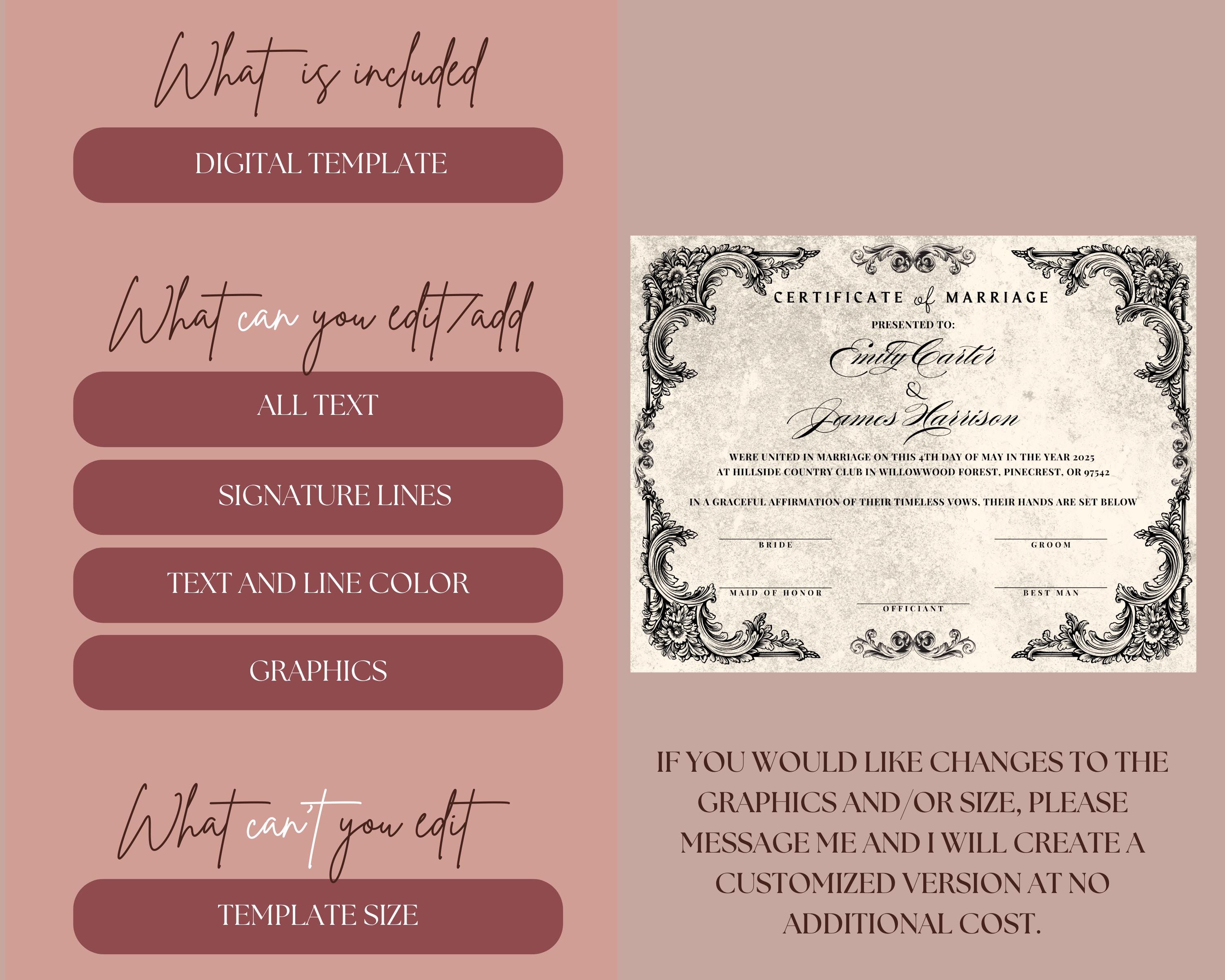 Editable Modern Marriage Certificate, Editable Canva Template ...