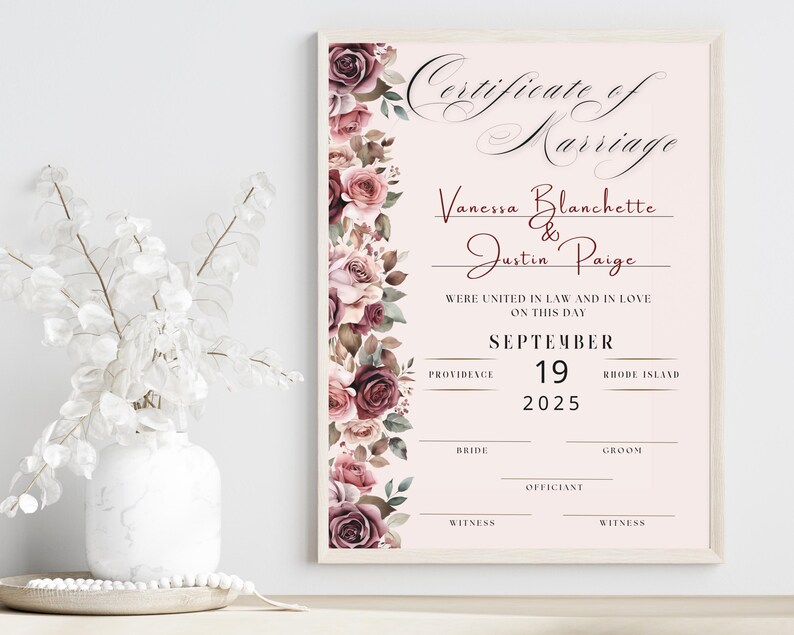 Personalized Marriage Certificate, Elegant Pink & Burgundy Floral ...