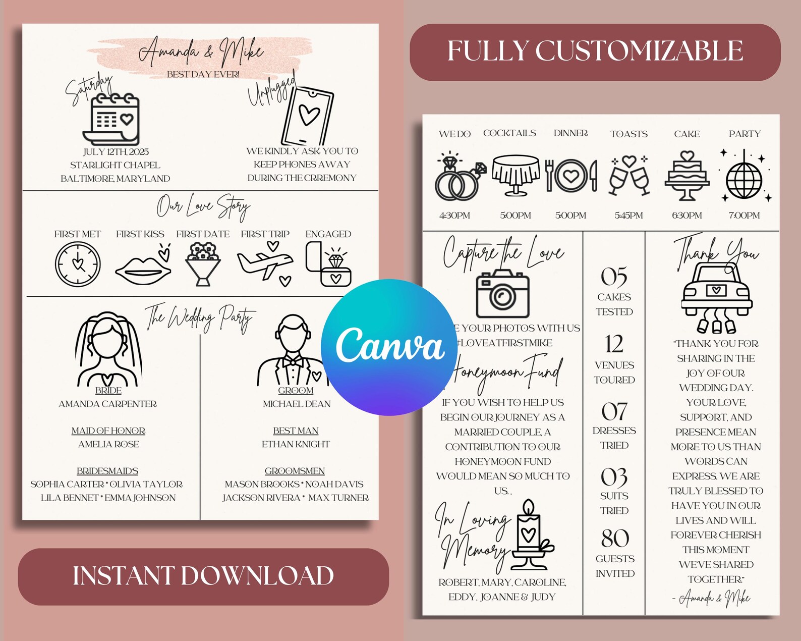 Infographic Wedding Program, Modern Timeline (canva Template) - Etsy