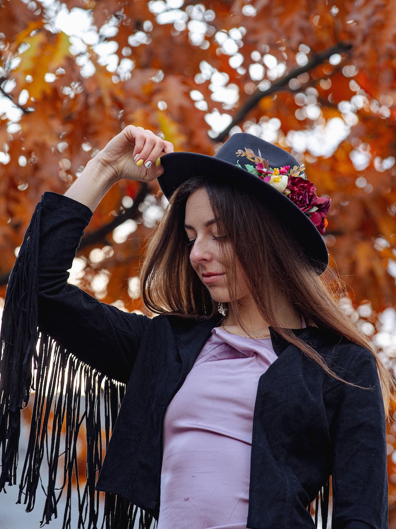 Black Fedora Hat With Flowers, Wedding Wide Brim Hat - Etsy