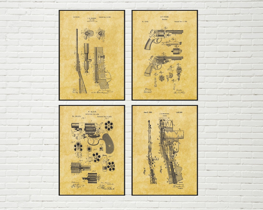 Vintage Gun Patent Prints SET OF 4 | Pistol Patent, Gun Print, Gun Wall ...