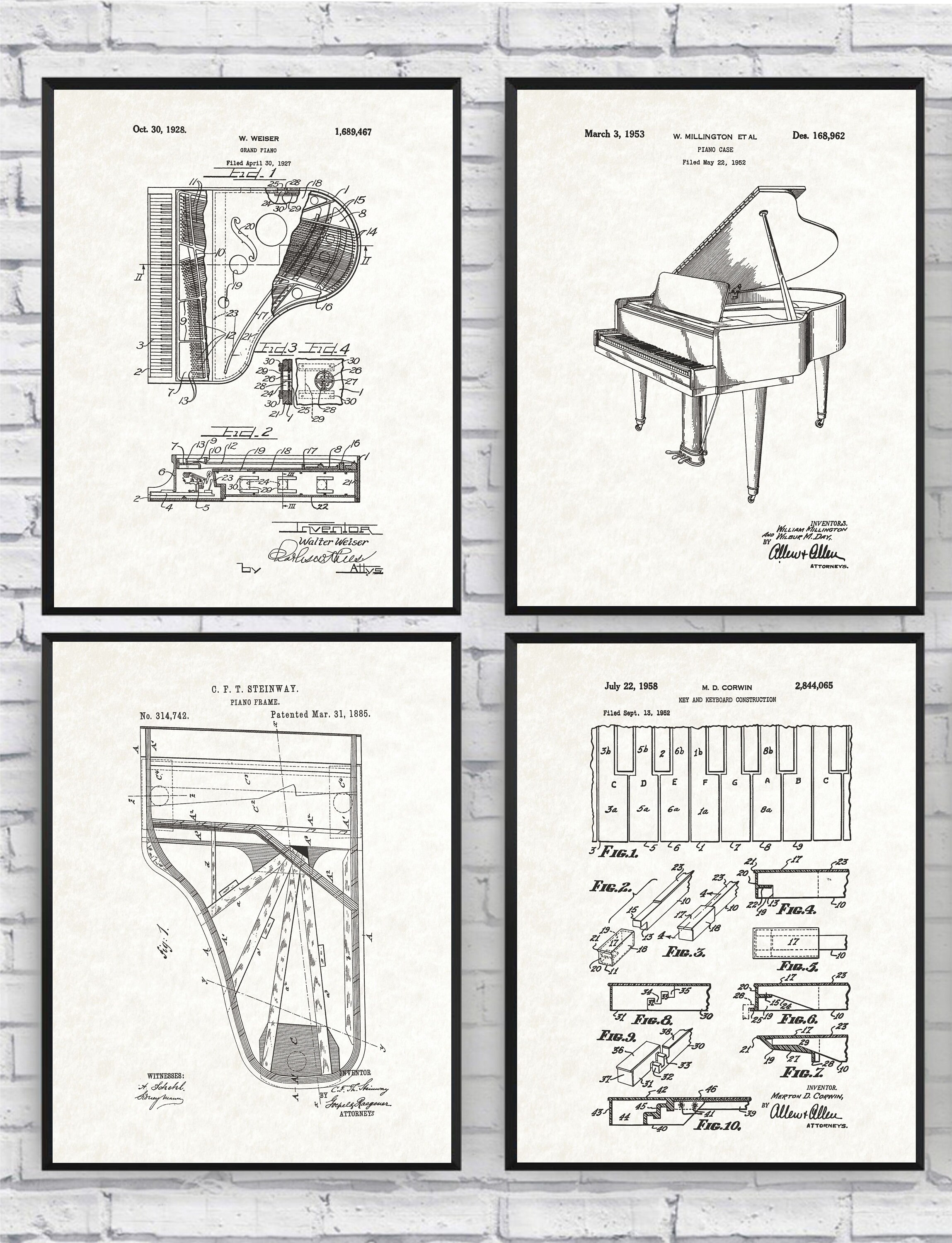 Piano Patent Prints Set of 4 Music Room Decor Piano Patent | Etsy