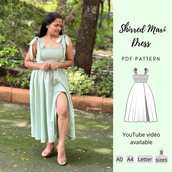 Shirred Tie Strap Maxi Dress PDF Pattern Smock Dress With - Etsy