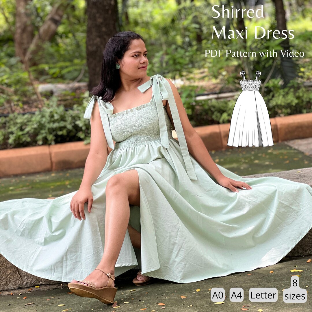 Shirred Tie Strap Maxi Dress PDF Pattern Smock Dress With Circular ...