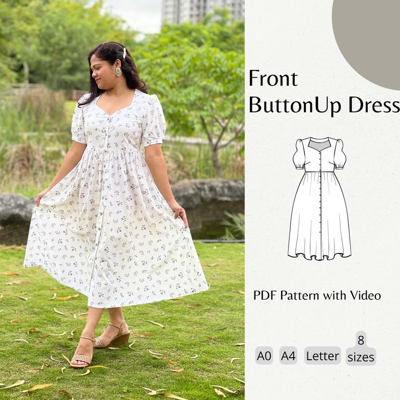 Front Button up Puff Sleeve Maxi Dress PDF Pattern Women - Etsy
