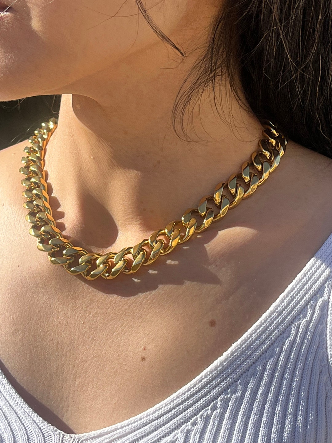 Thick Chain Necklace 15 Mm Wide in Cuban Mesh. Gift for Her. Oversized ...