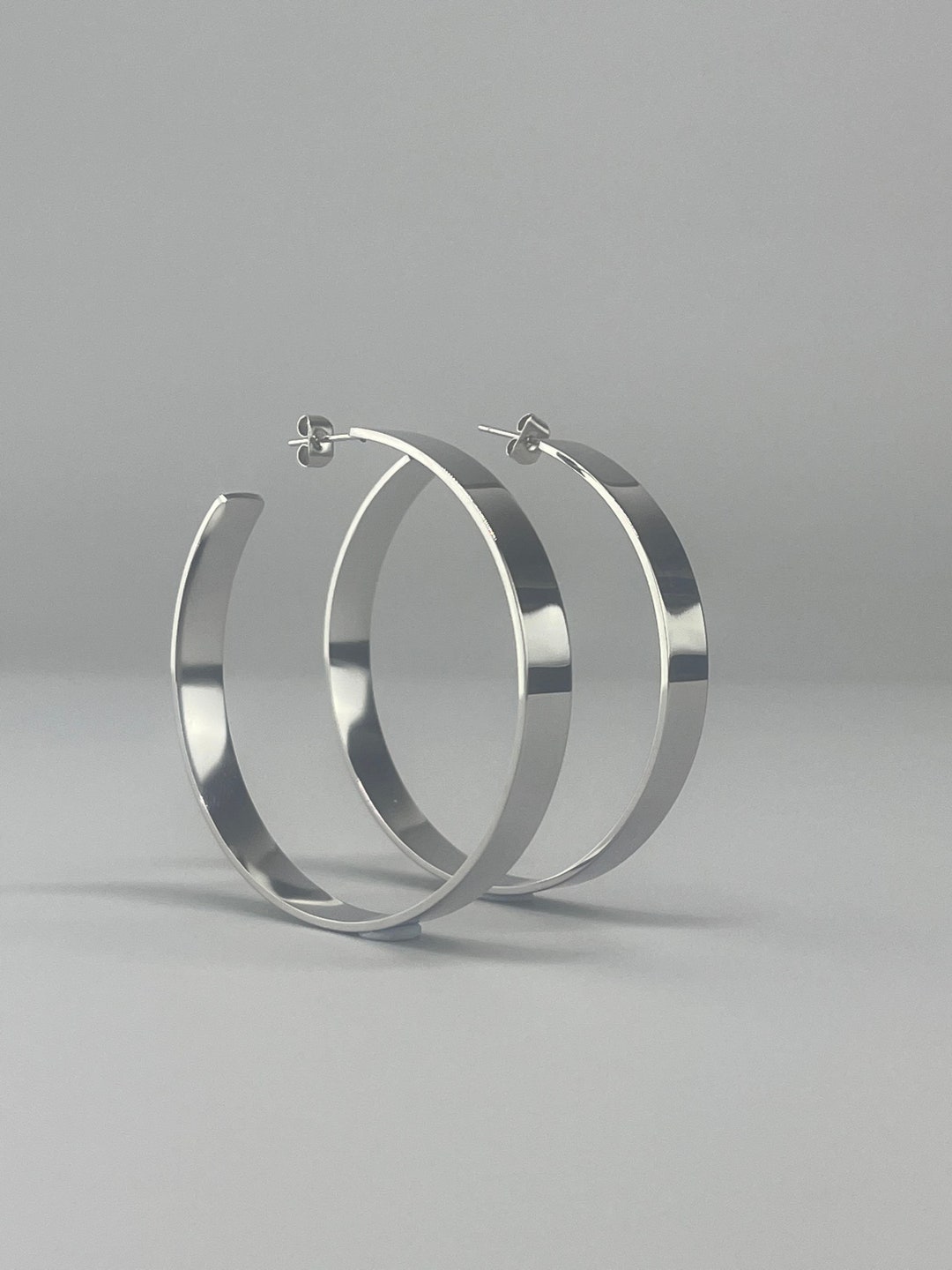 Large Stainless Steel Hoop Earrings. Oversized Silver Hoop Earrings. Large Flat Silver Hoop ...