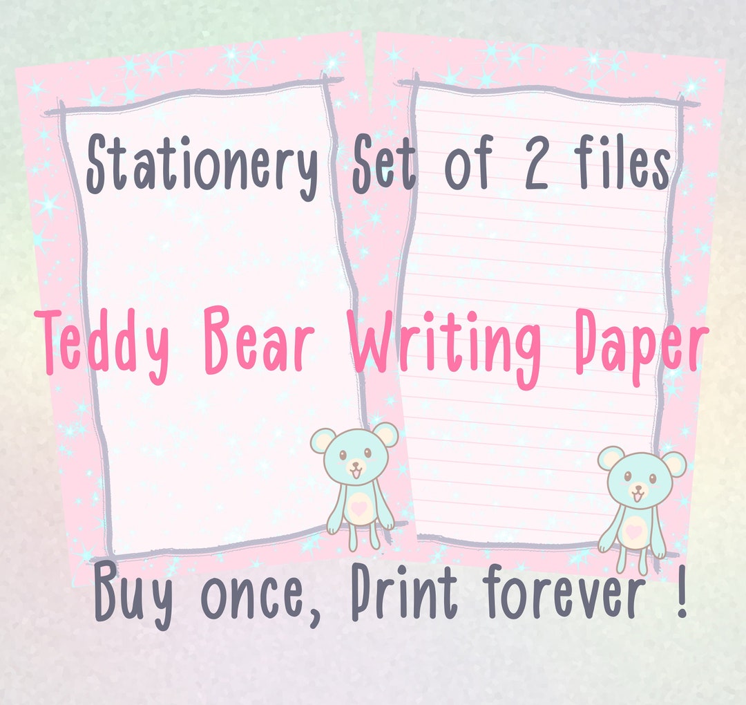 Printable 8x12" Stationery Set of 2 Teddy Bear Note Paper - Lined and ...