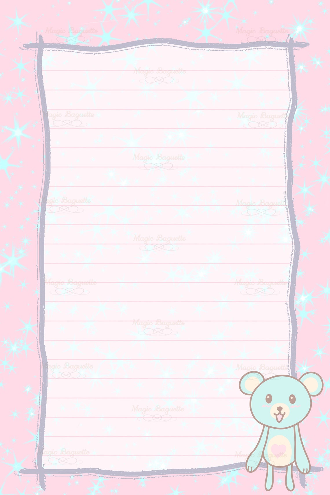 Printable 8x12" Stationery Set of 2 Teddy Bear Note Paper - Lined and ...