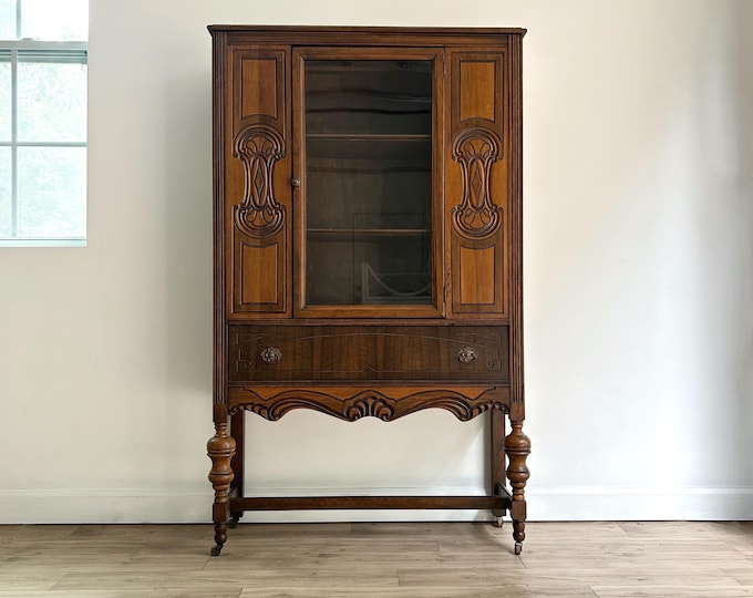 Vintage Jacobean Display Cabinet With Glass Door & Drawer Storage - Etsy