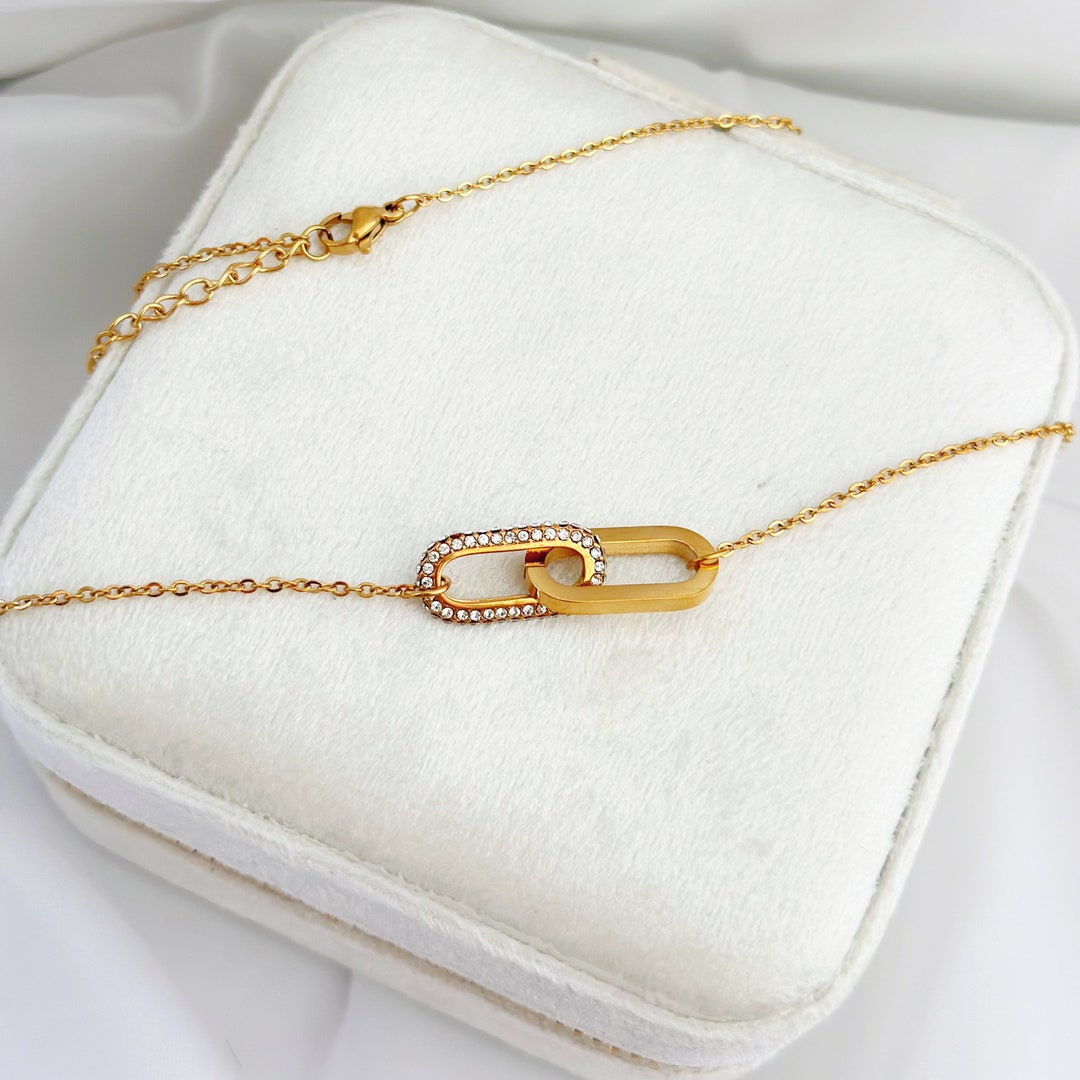 Paperclip Linked Pave Gold Necklace,interlocking Diamond Pendant ...