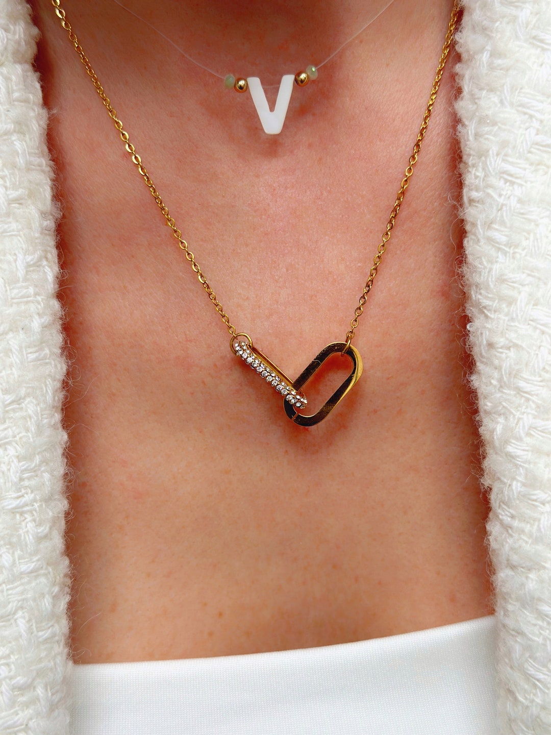 Paperclip Linked Pave Gold Necklace,interlocking Diamond Pendant ...