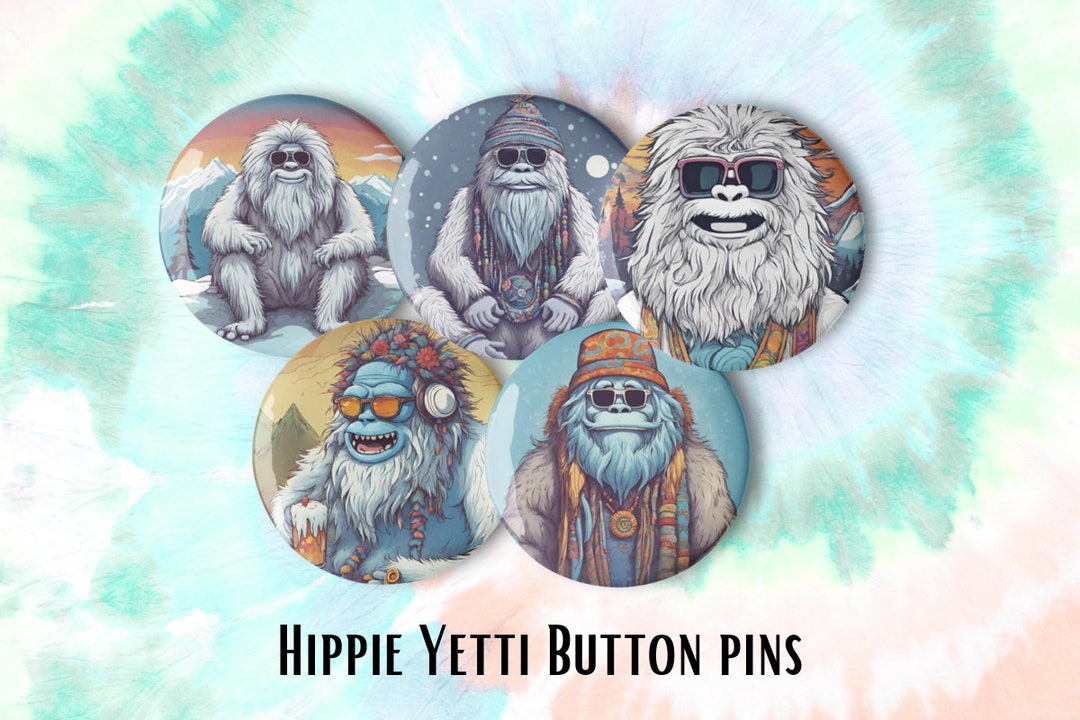 Hippie Yeti Boho Chic Button Pin Badges Set - Expressive Wearable Art ...