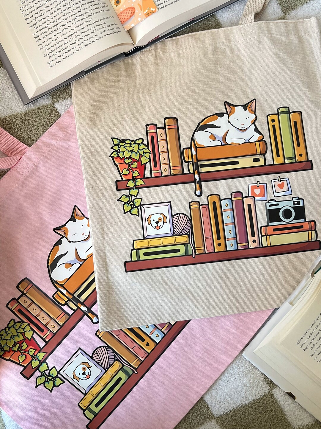 Bookshelf Cat Tote Bag | Cats, Books, Book Stack, Gift Idea, Canvas ...