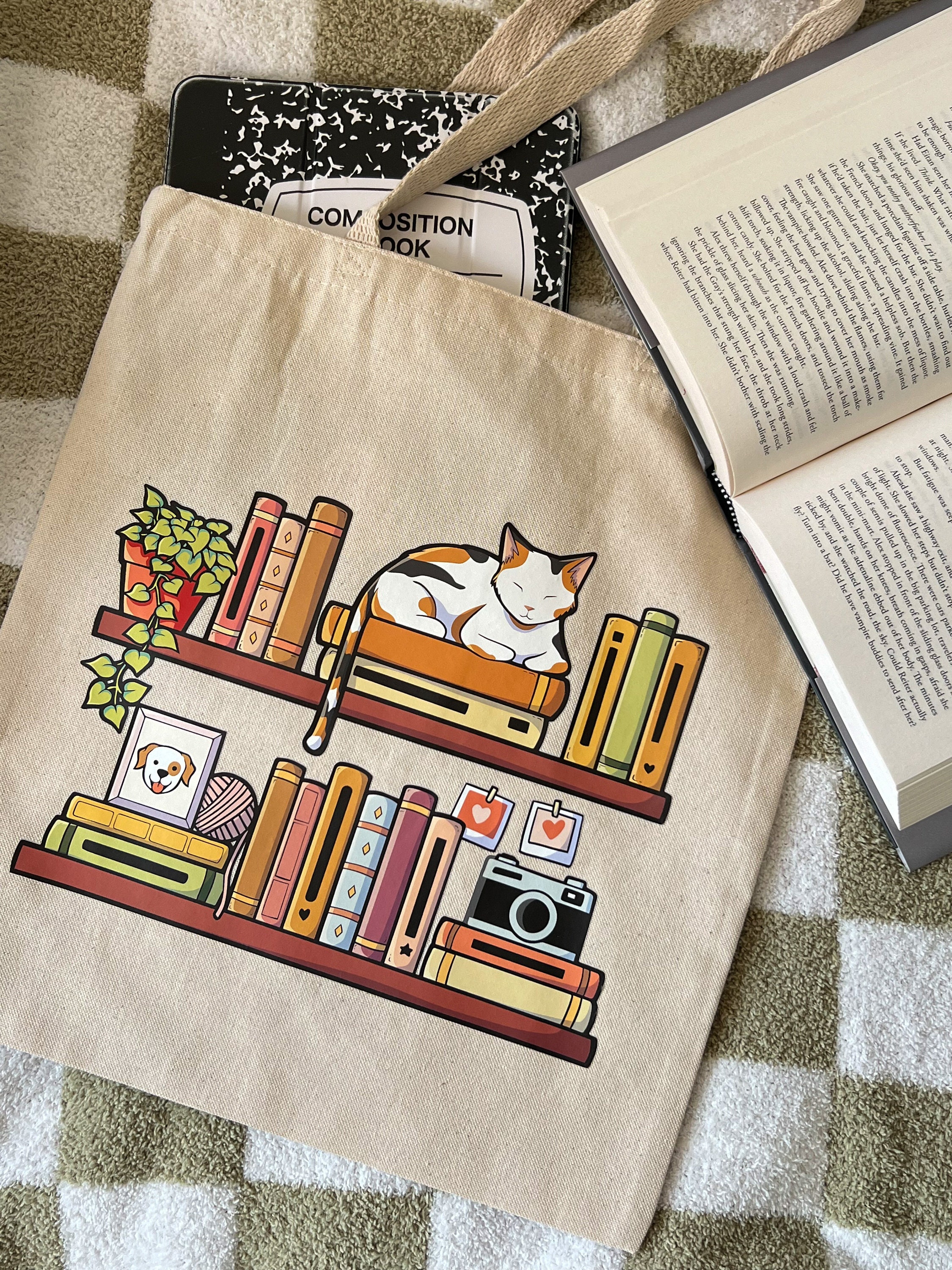 Bookshelf Cat Tote Bag | Cats, Books, Book Stack, Gift Idea, Canvas ...