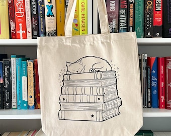 Bookshelf Cat Tote Bag Cats, Books, Book Stack, Gift Idea, Canvas Tote ...
