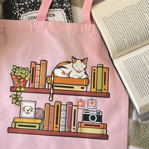 Bookshelf Cat Tote Bag | Cats, Books, Book Stack, Gift Idea, Canvas ...