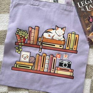 Bookshelf Cat Tote Bag | Cats, Books, Book Stack, Gift Idea, Canvas ...