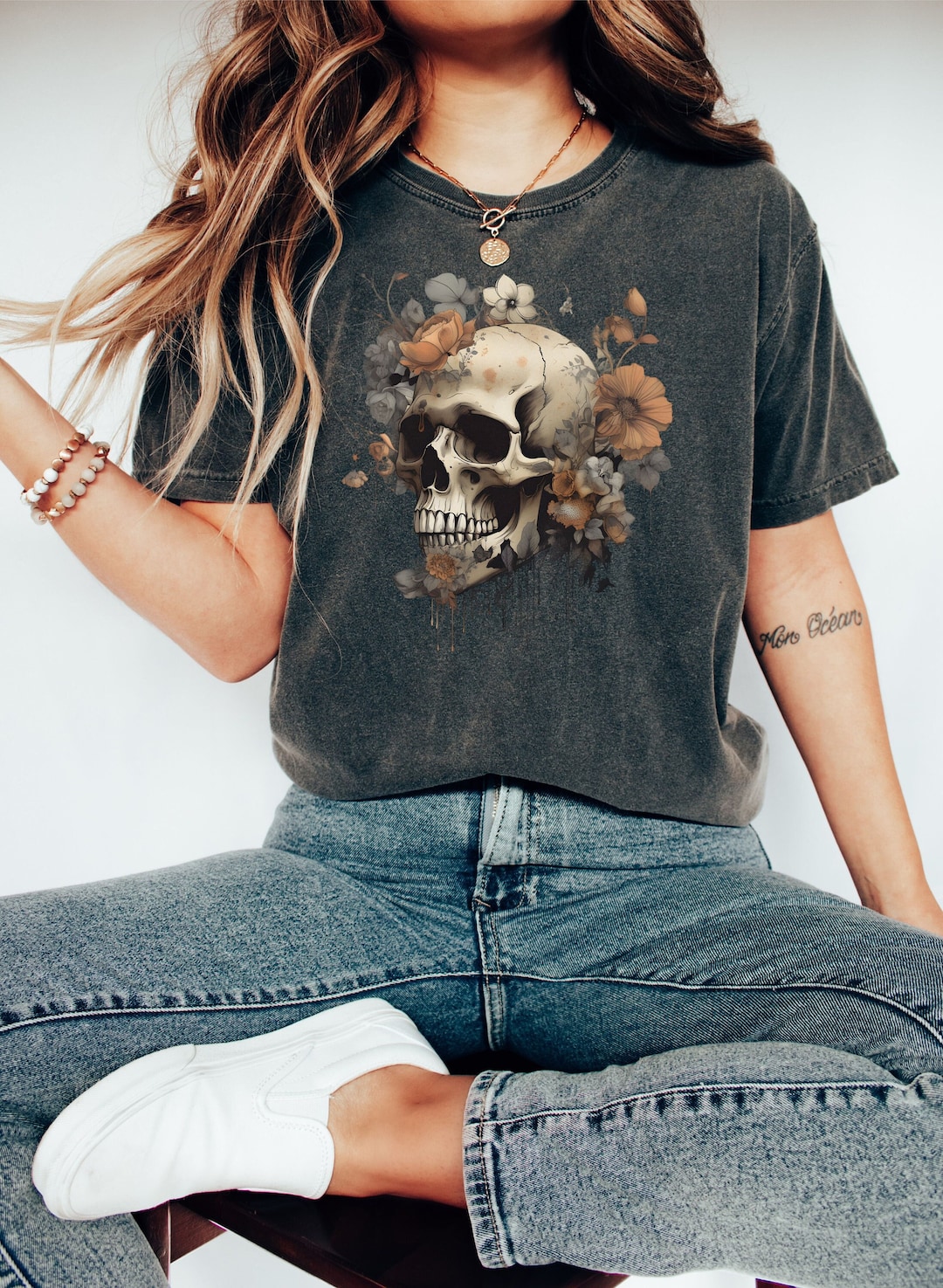 Floral Skull Shirt | Flower Skull Skeleton Shirt | Halloween Skull Tee ...