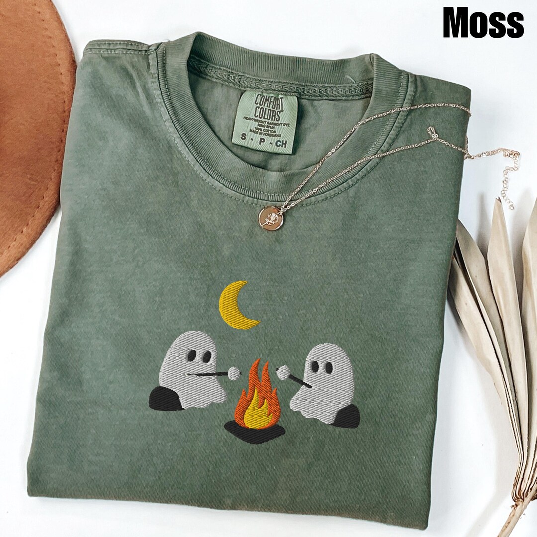 Cute Ghosts Camping Embroidered Comfort Colors® Tee, Summerween, Spooky ...
