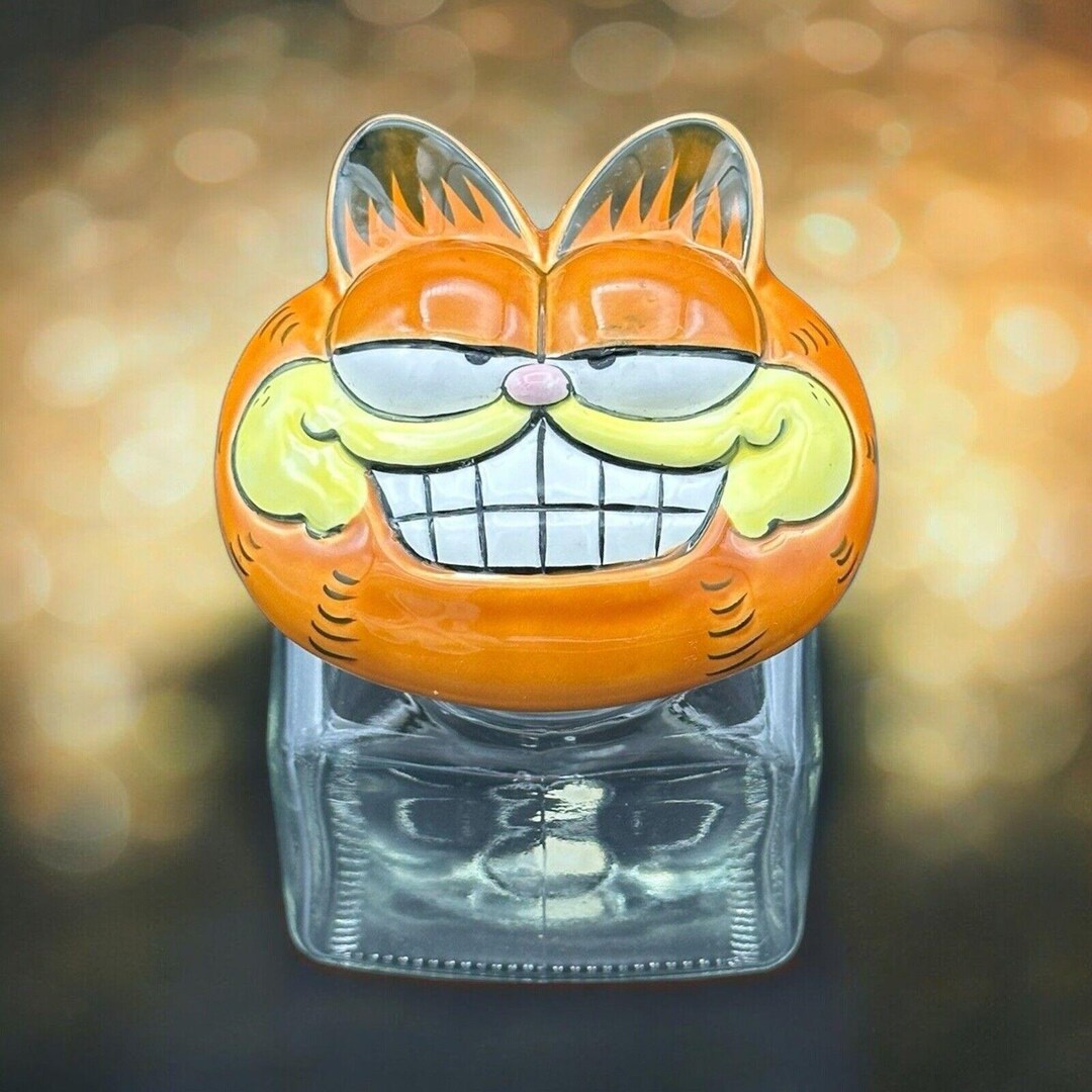 Enesco Garfield Orange Cat Ceramic Glass Candy Jar Trinket Smile Head ...