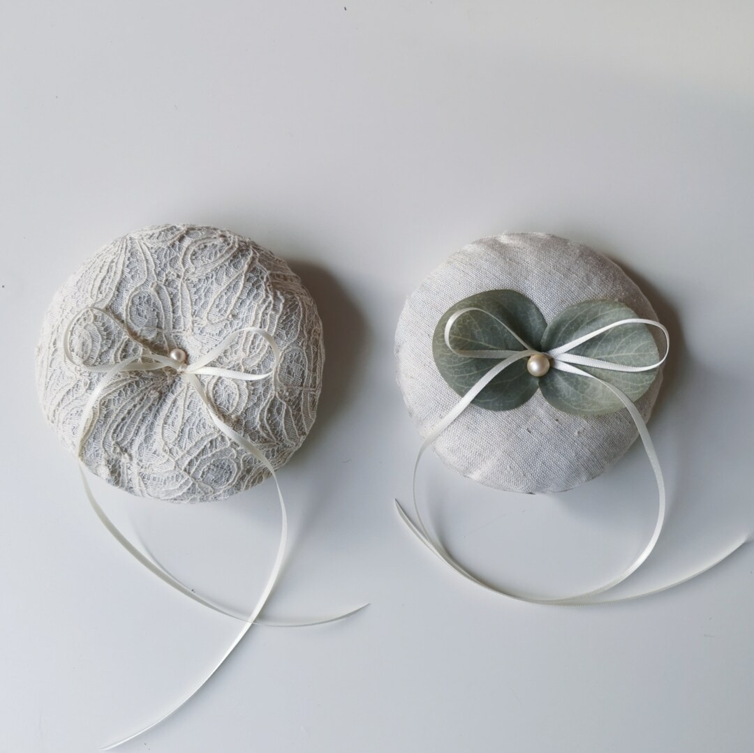 Boho Linen Round Ring Bearer With Boho Lace Eucalyptus Leaves and Pearl ...