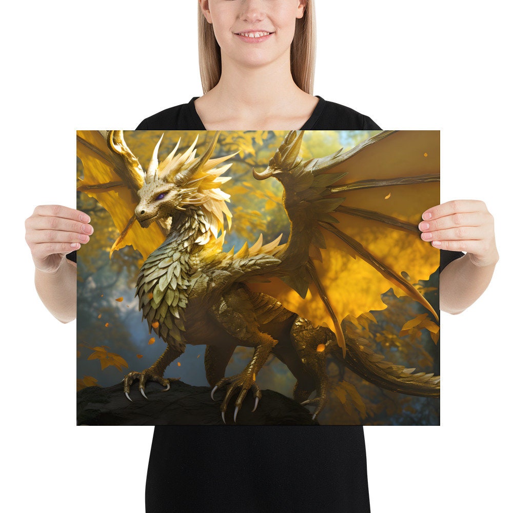 Golden Feathertail Dragon Poster Gold Dragon Wall Art, Big and Strong ...
