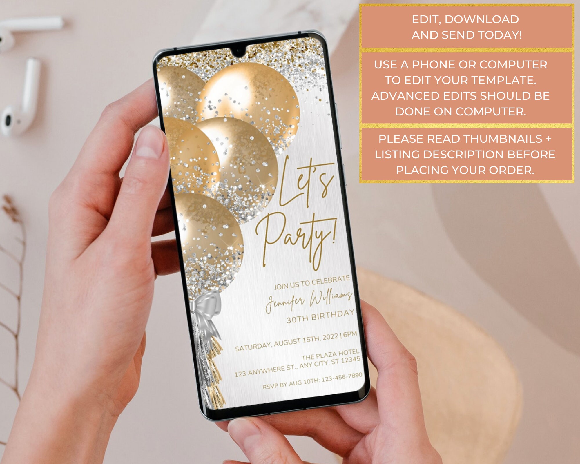 Digital Gold Silver Balloons Birthday Party Invitation - Etsy