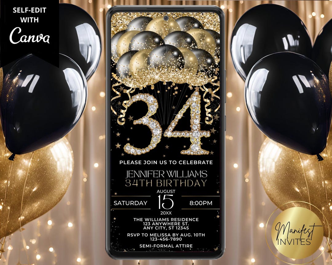 Digital Glam 34th Birthday Party Invitation, Elegant Diamond Black Gold ...