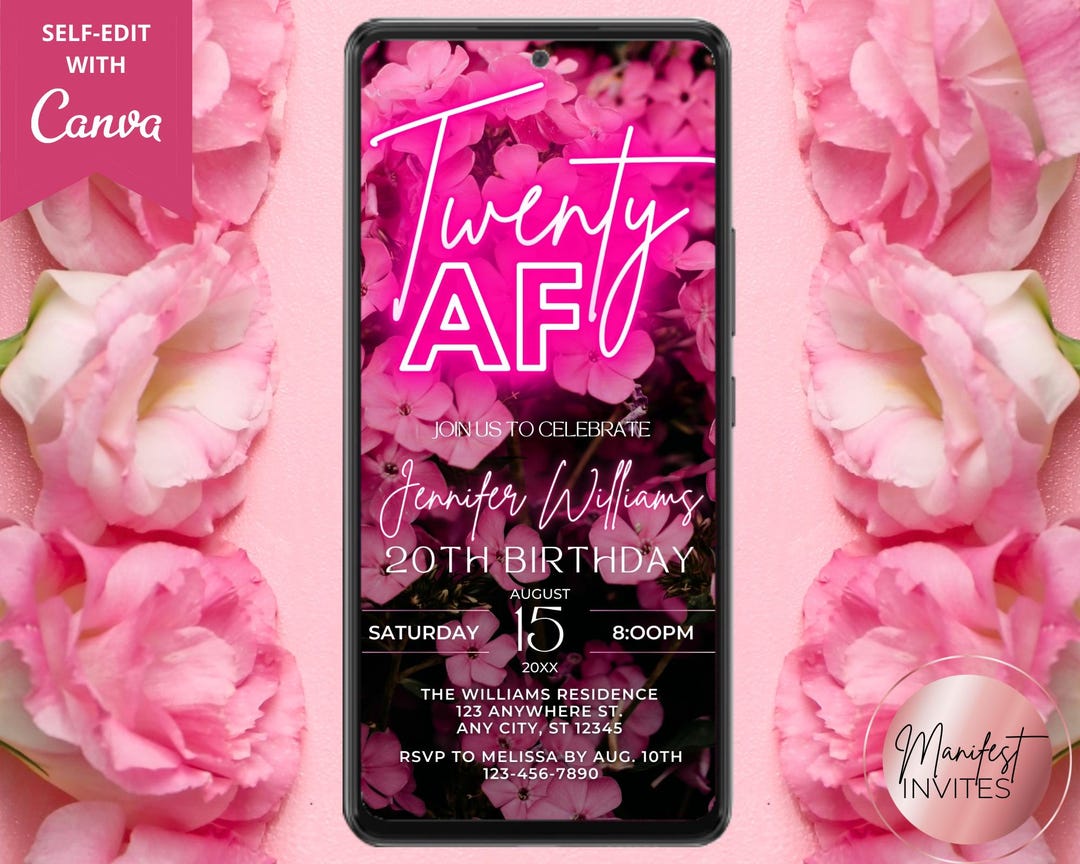 Digital Twenty AF 20th Birthday Party Invitation, Electronic Text ...