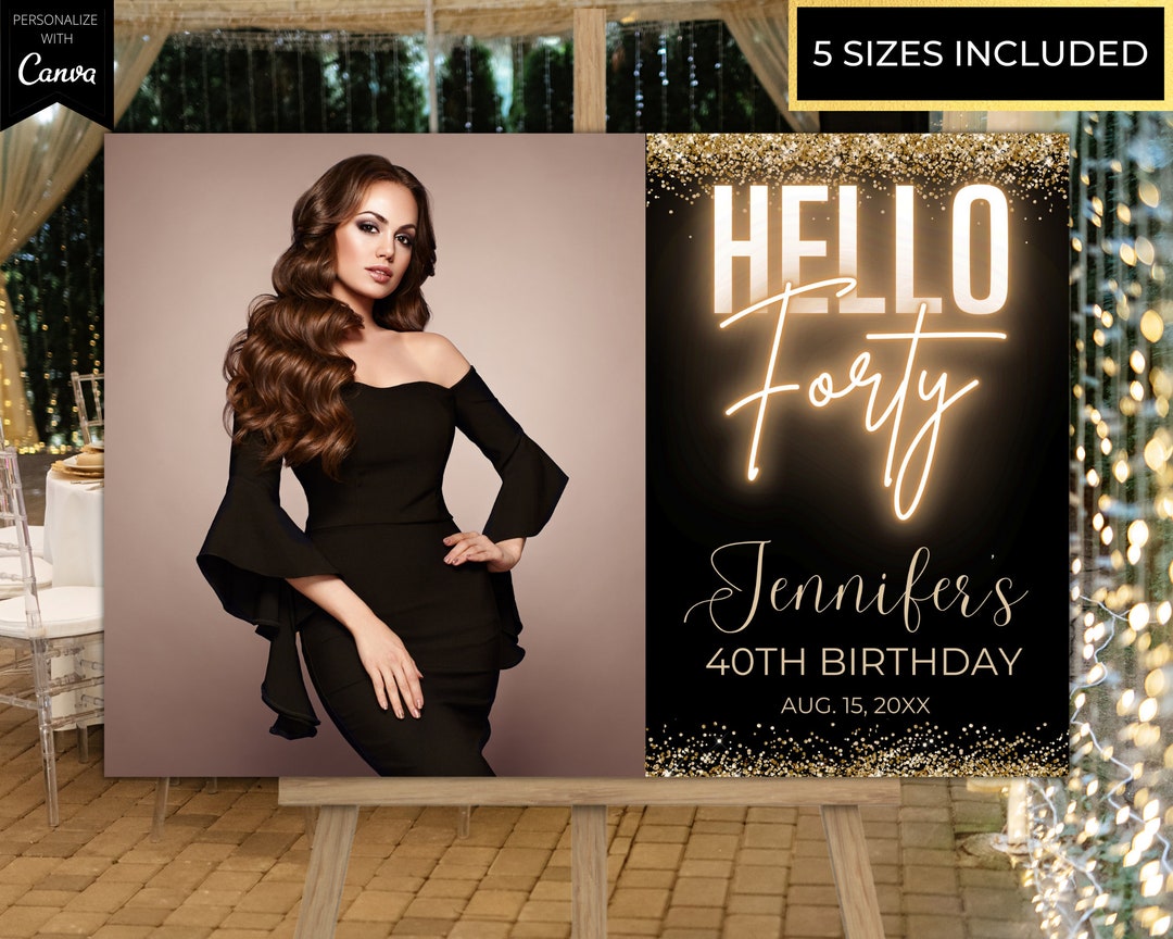 Editable Hello Forty 40th Birthday Photo Template Welcome Sign, Gold ...
