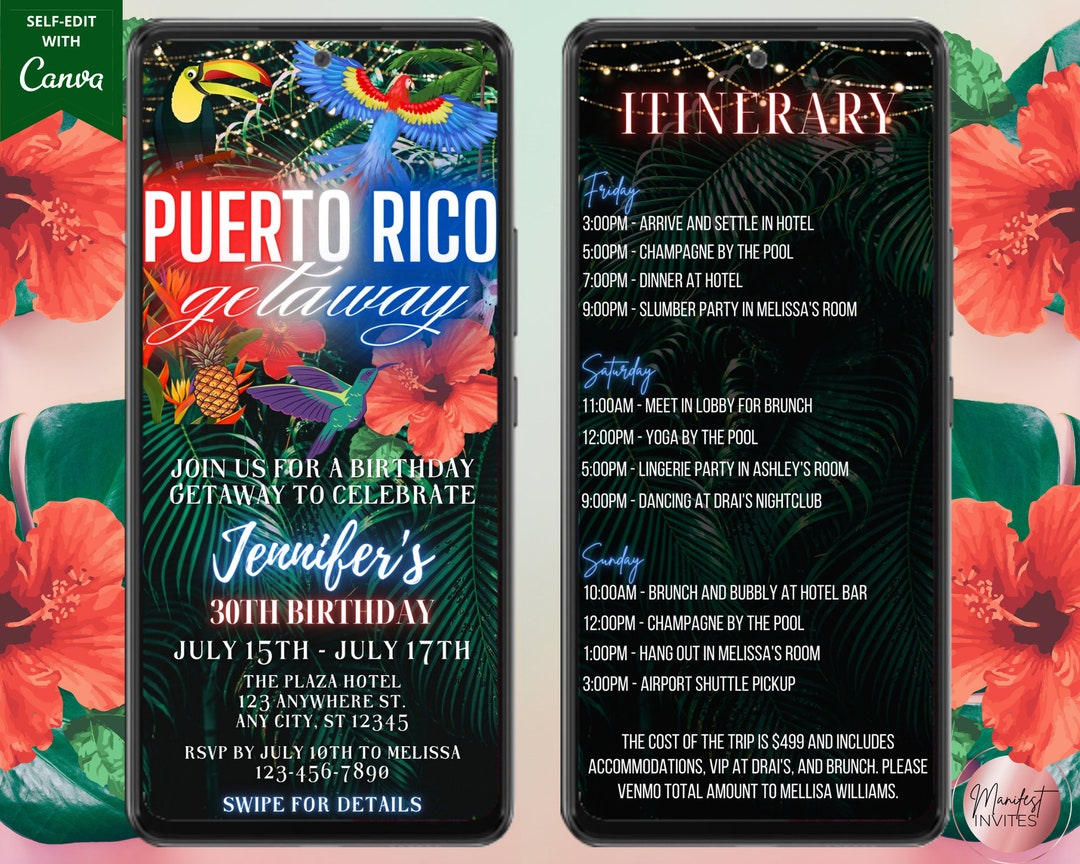 Electronic Tropical Puerto Rico Getaway Birthday Trip Itinerary Invite ...