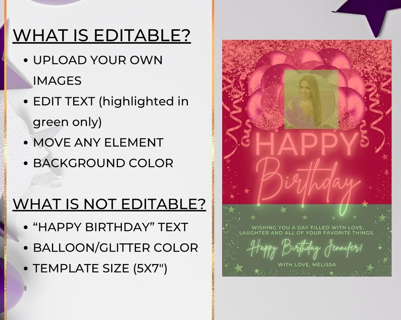 Editable Glam Photo Happy Birthday Greeting Card, Neon Purple Silver ...