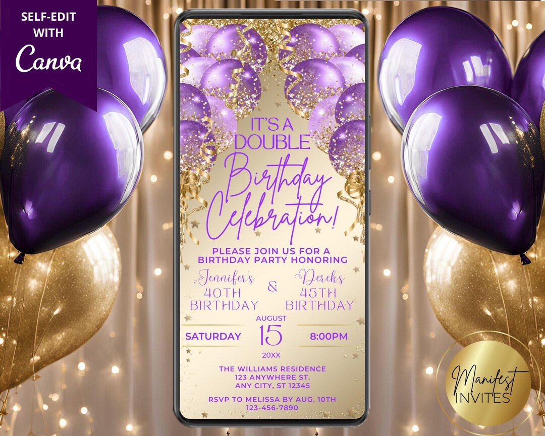 Digital Elegant Joint Double Birthday Party Glam Invitation, Purple ...