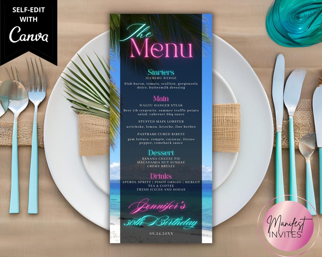 Editable Tropical Beach Party Menu Card Template, Luau Party, Pink Teal ...