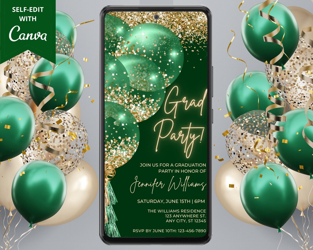 Digital Graduation Party Invitation, Green Gold Glitter Balloons ...
