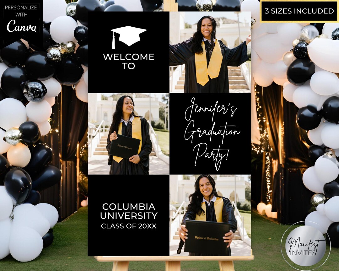 Editable Modern Black White Graduation Party Welcome Sign Photo ...