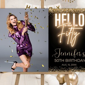 Editable Hello Fifty 50th Birthday Photo Template Welcome Sign, Gold ...