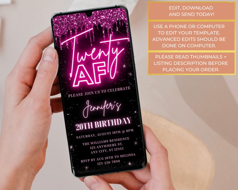 Digital Twenty AF 20th Birthday Party Invitation, Electronic Text Evite ...