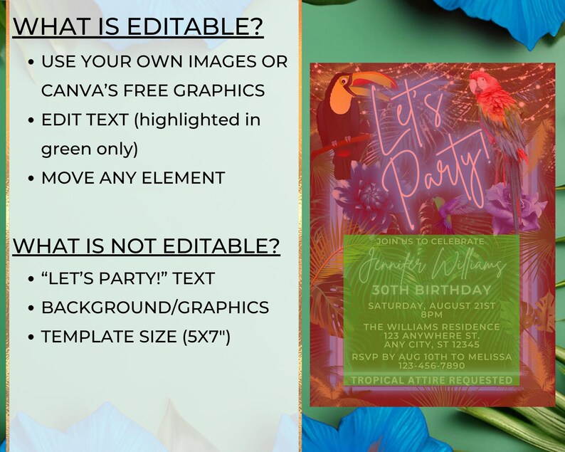 Editable Tropical Blue Neon Summer Birthday Party Invitation, Let's ...