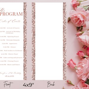 Editable Rose Gold Glitter Birthday Event Program Card Template ...