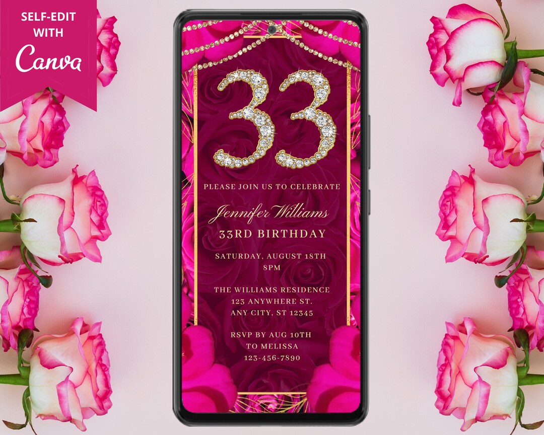 Digital 33rd Birthday Party Invitation, Electronic Phone Text Evite ...