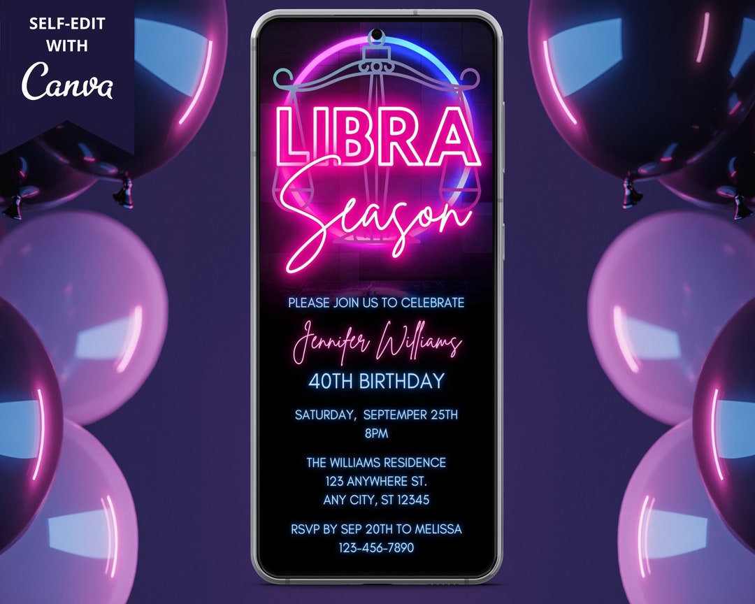 Libra Zodiac Birthday Digital Invitation, Electronic Party Invite, Neon ...